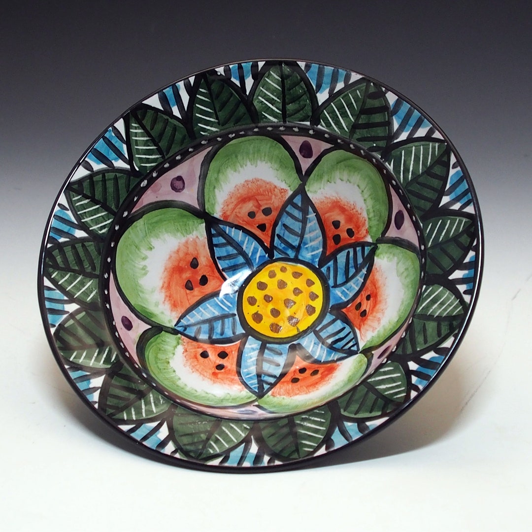 Ornate Red Watermelon Blue Lotus Flower Pottery Large Serving Bowl ...