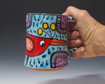 Whimsical Funky Blue Bird of Happiness Pottery Coffee or Tea Mug ...