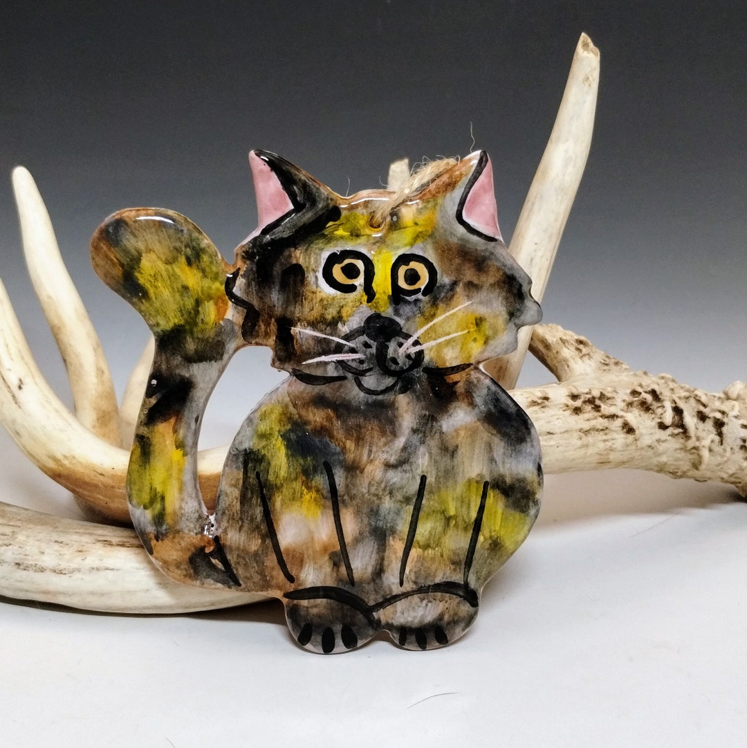 Dark Tortoise Shell Calico Cat Pottery Ornaments for Wall or Christmas ...
