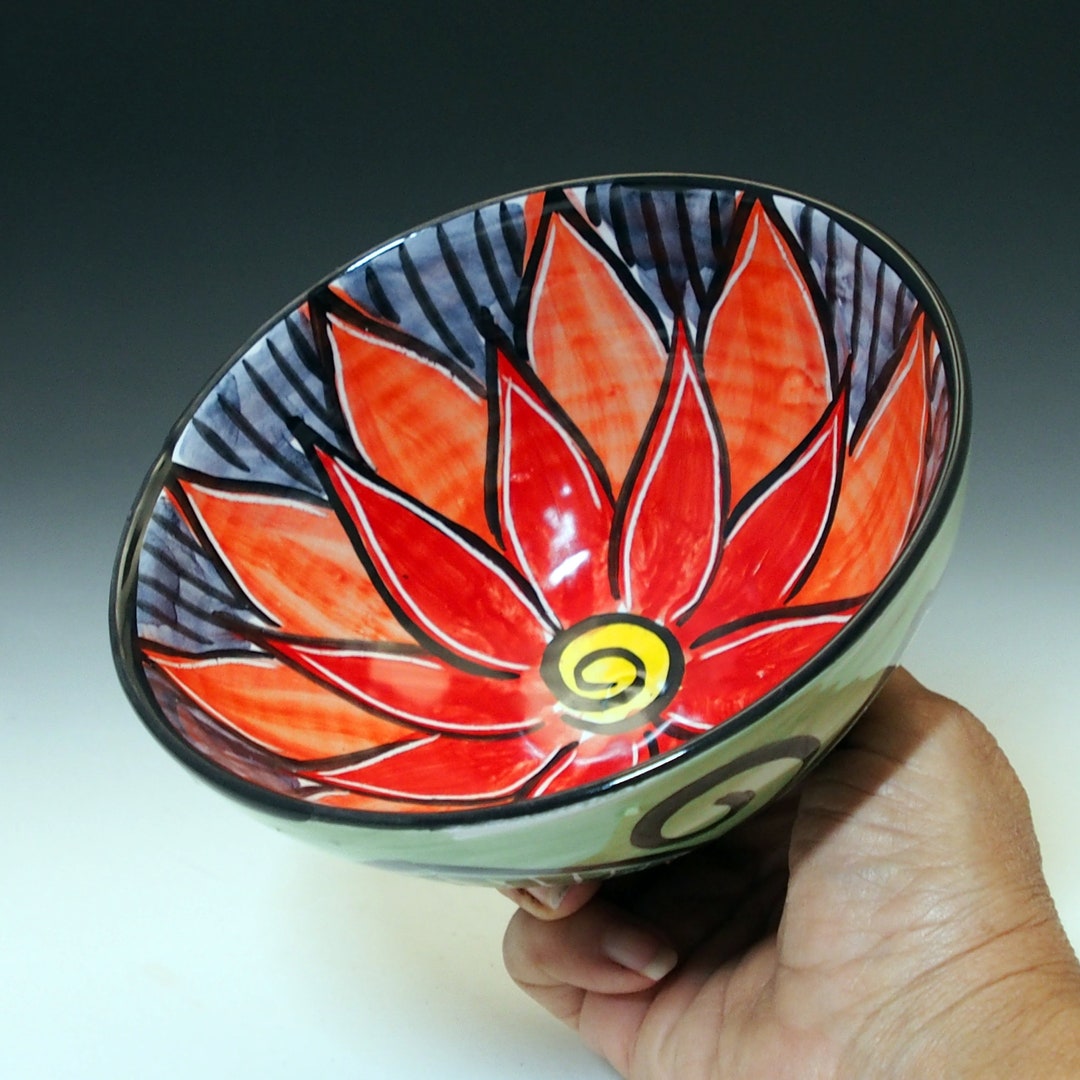 Red Lotus Flower Medium Serving Pottery Bowl Handmade - Etsy