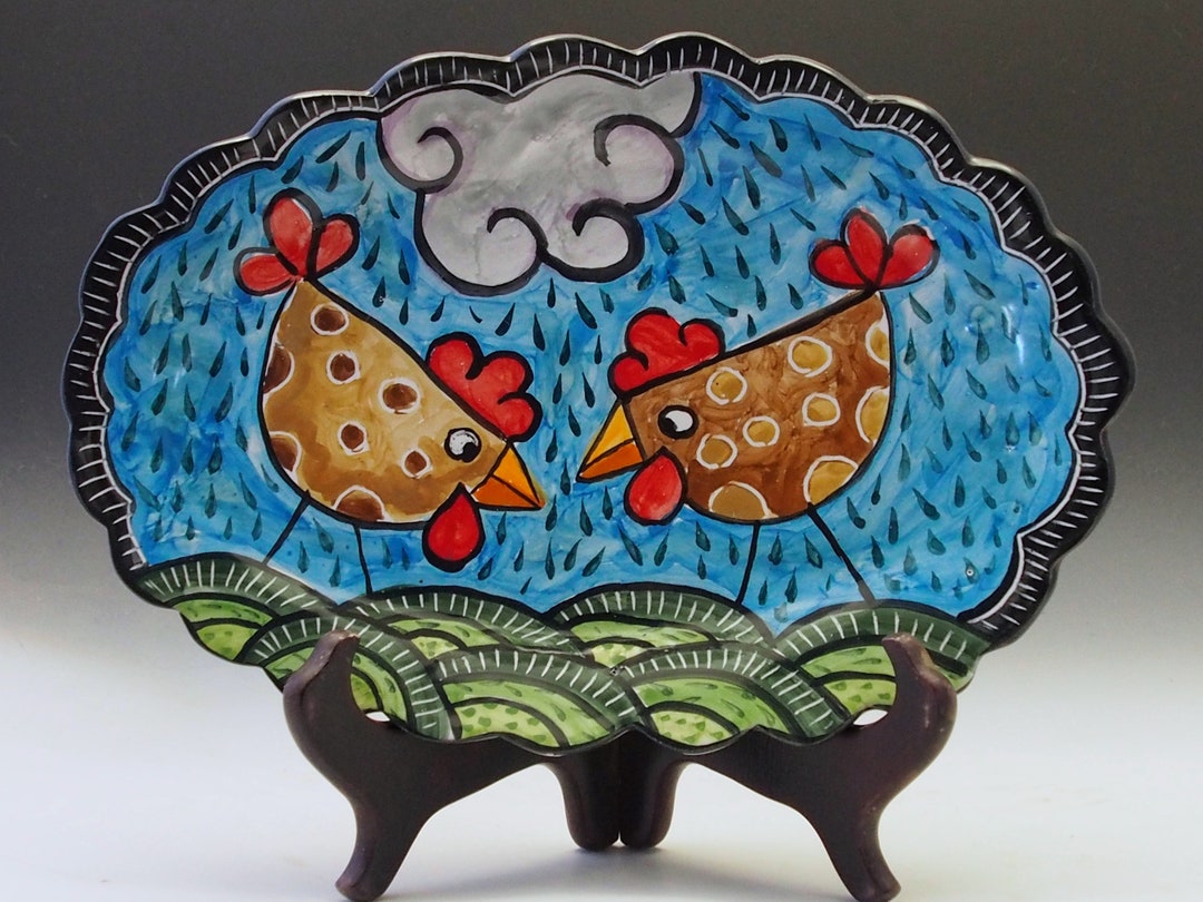 Whimsical Chickens Oval Pottery Platter or Wall Decor - Handmade ...