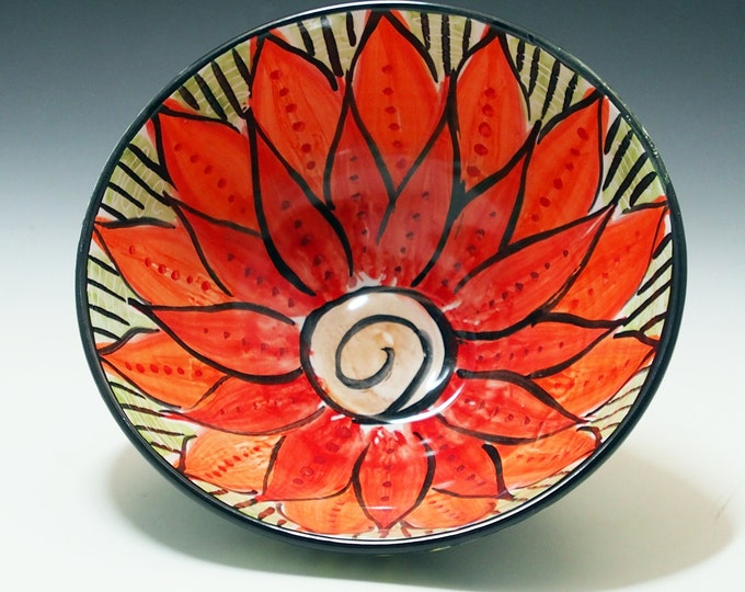 Red Lotus Flower Large Serving Pottery Bowl Handmade Majolica Cereal ...