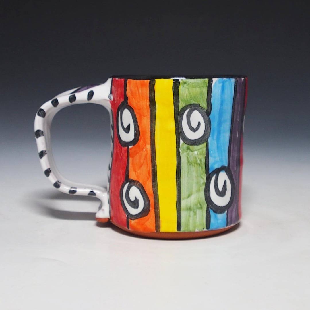 Rainbow Colors Stripes and Spirals Pottery Small Coffee Mug or Tea Cup ...