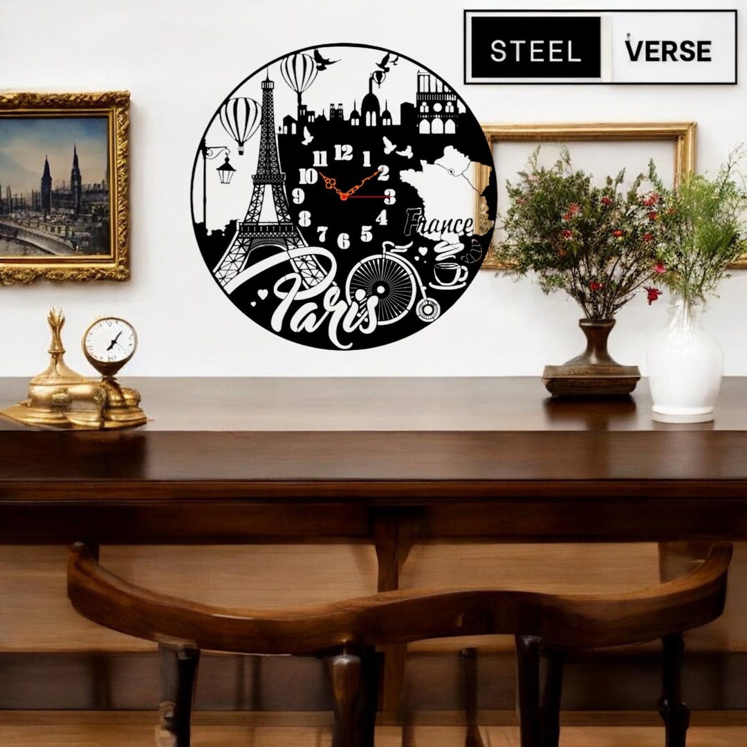 Eiffel Tower Metal Wall Clock – Paris Themed Vintage Black Decorative ...