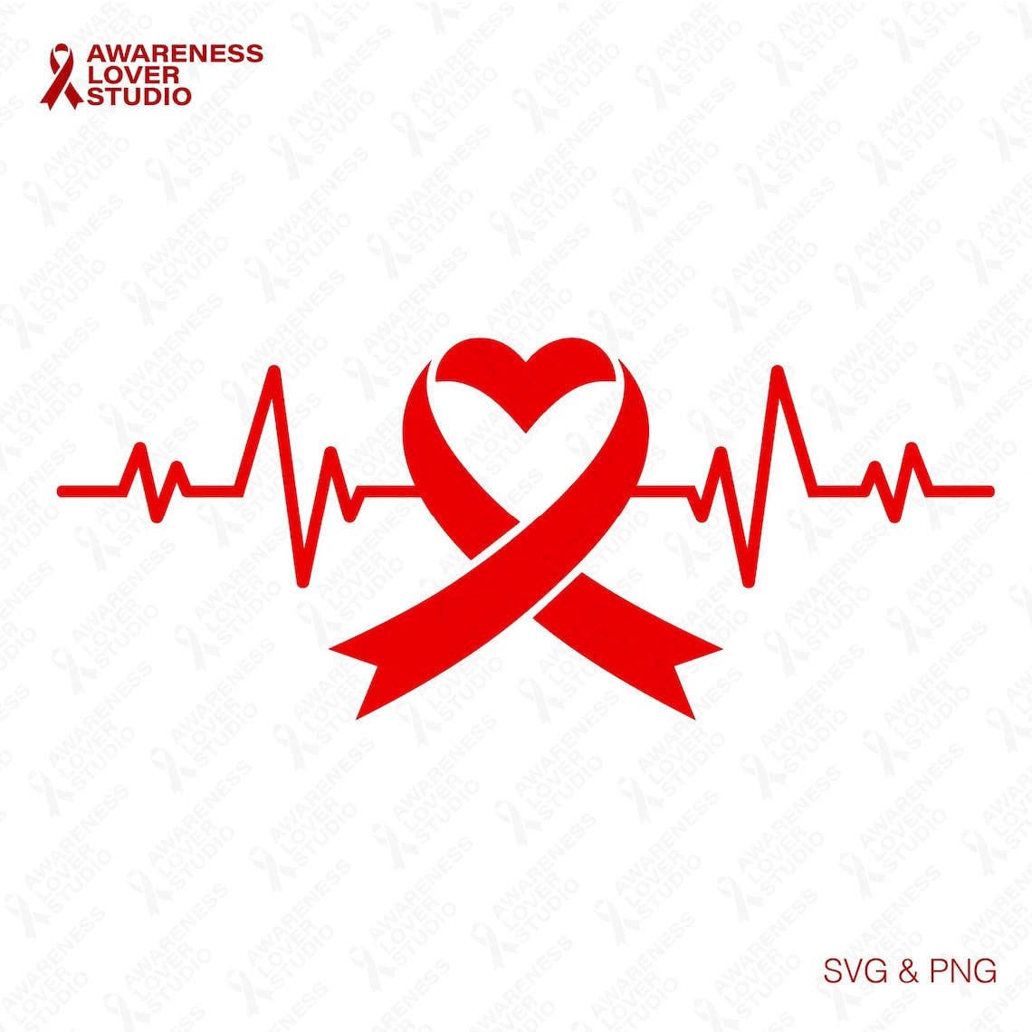 Heartbeat Heart Disease Awareness SVG PNG : ECG Line Red Ribbon Support ...