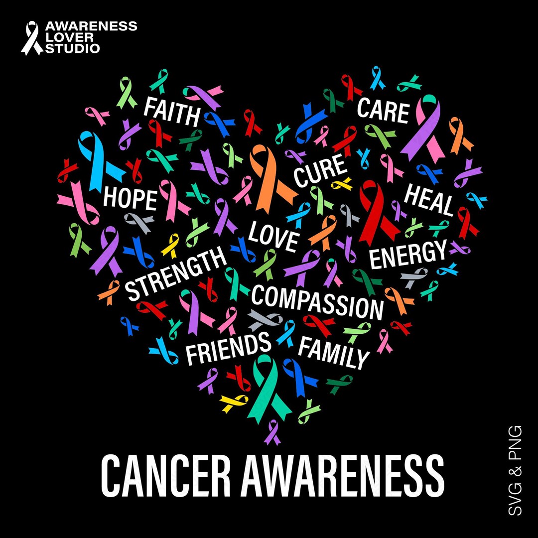 Cancer Ribbon SVG PNG: All Colors Support Awareness, Colorful Heart ...