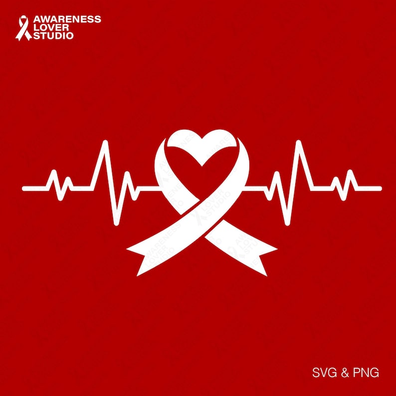 Heartbeat Heart Disease Awareness SVG PNG : ECG Line Red Ribbon Support ...