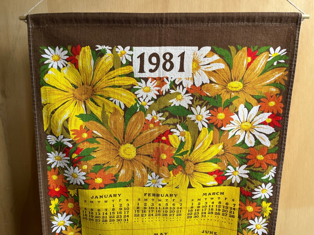 1981 Vintage Calendar Tea Towel Floral Design Dowel and - Etsy
