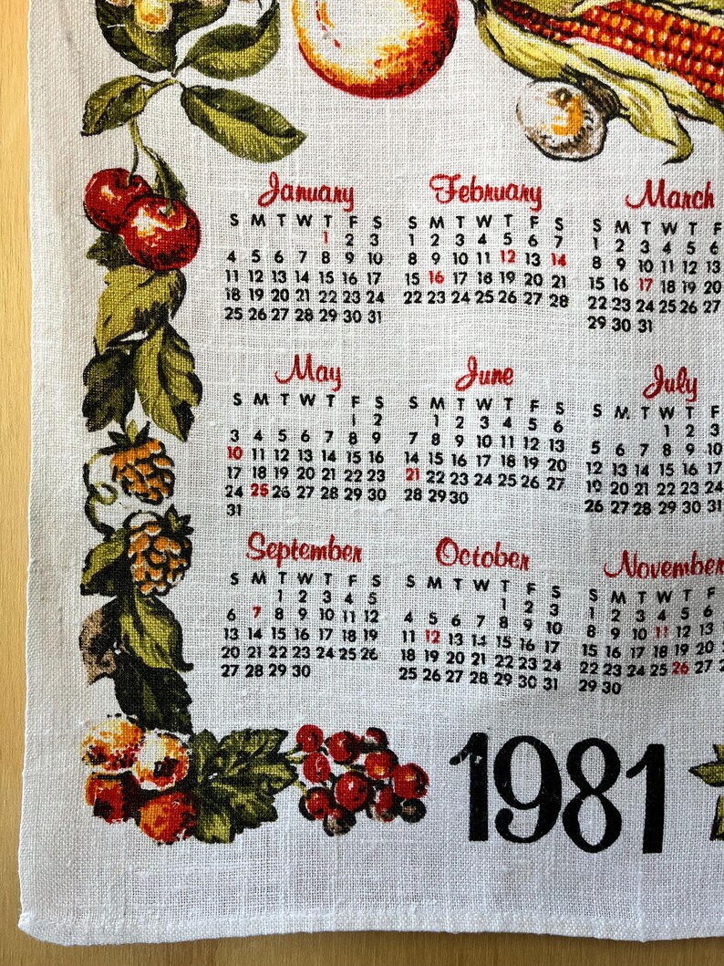 1981 Vintage Calendar Tea Towel - Vegetables Scene - Dowel and String ...