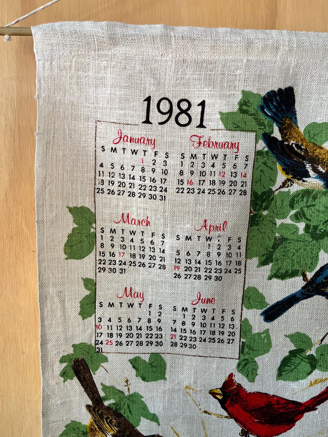 1981 Vintage Calendar Tea Towel - Birds - Dowel and String Included - Etsy