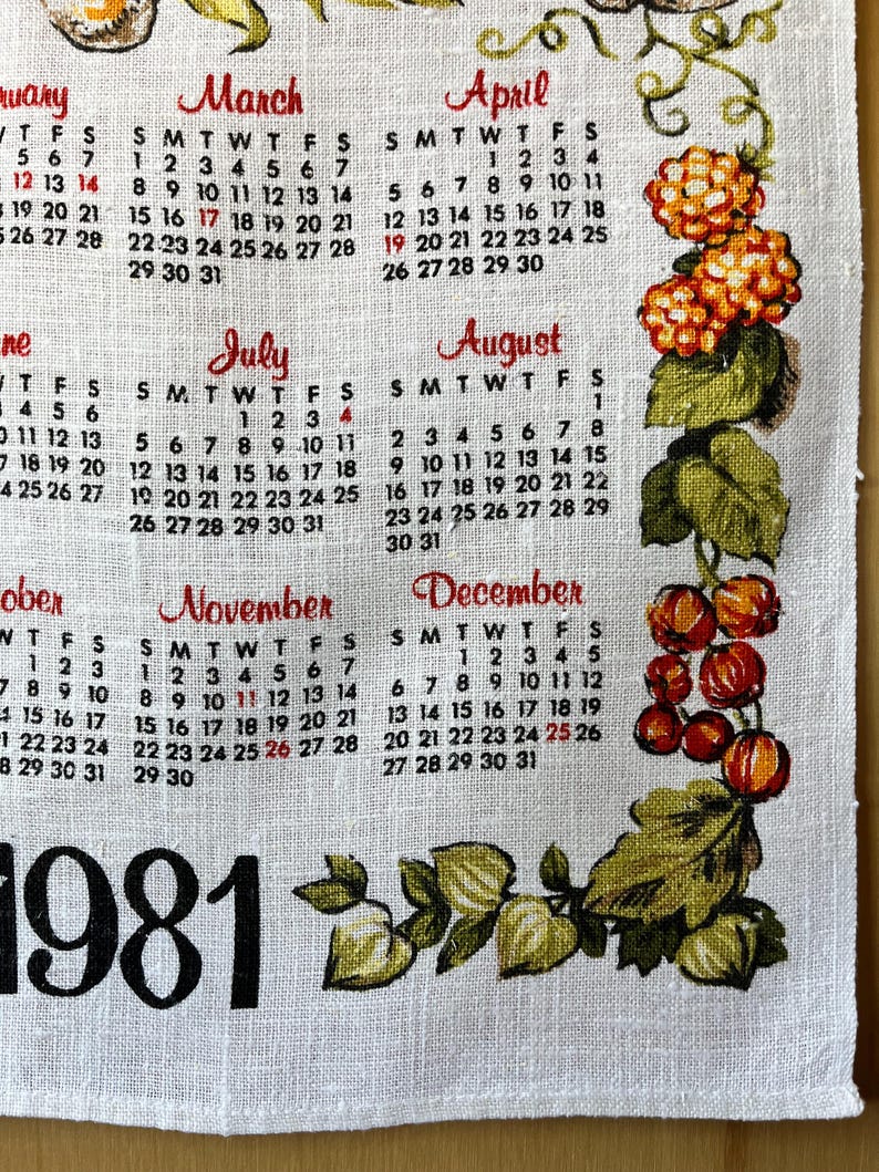 1981 Vintage Calendar Tea Towel - Vegetables Scene - Dowel and String ...