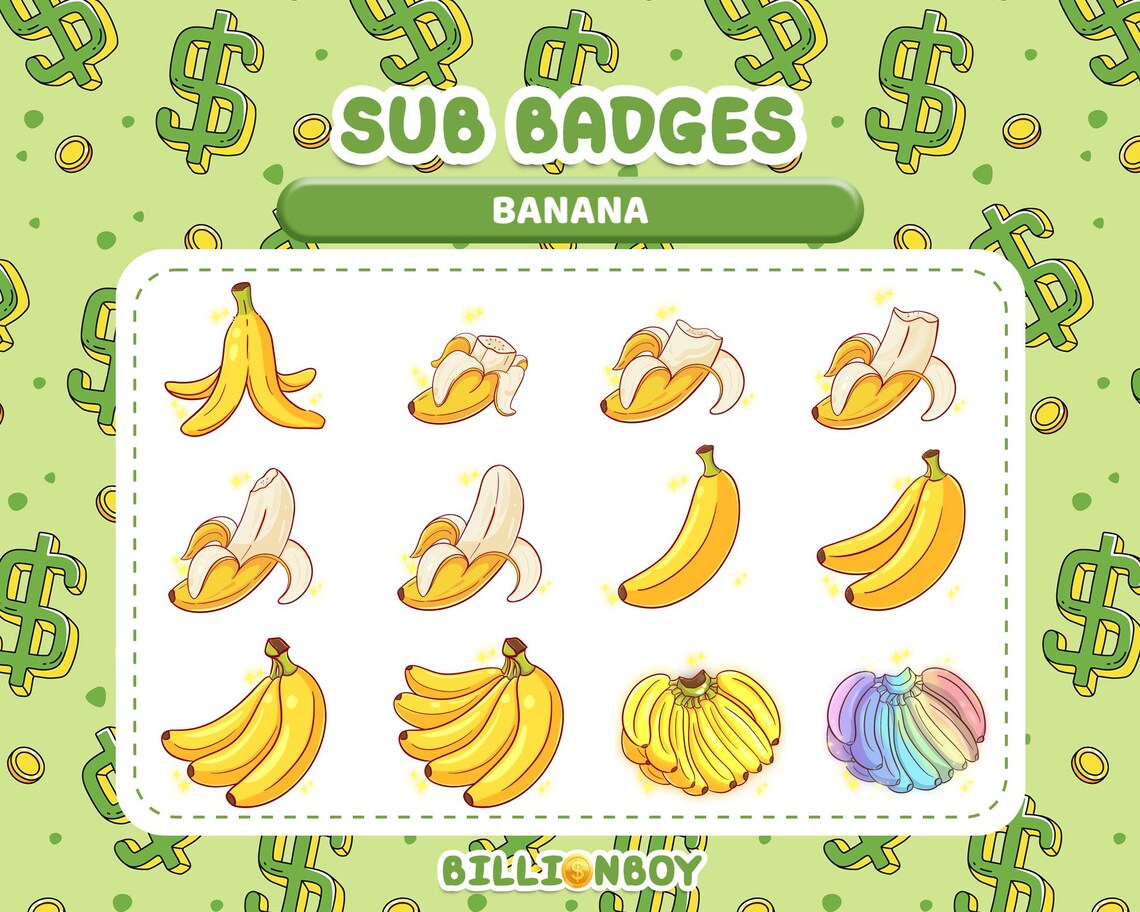 Banana Sub Badges for Twitch, Youtube, Discord| Kawaii Streamer Badges ...