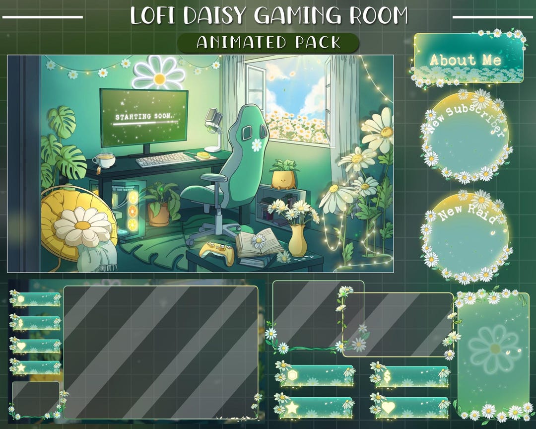Animated Daisy Gaming Room Stream Package | Aesthetic Green Theme ...