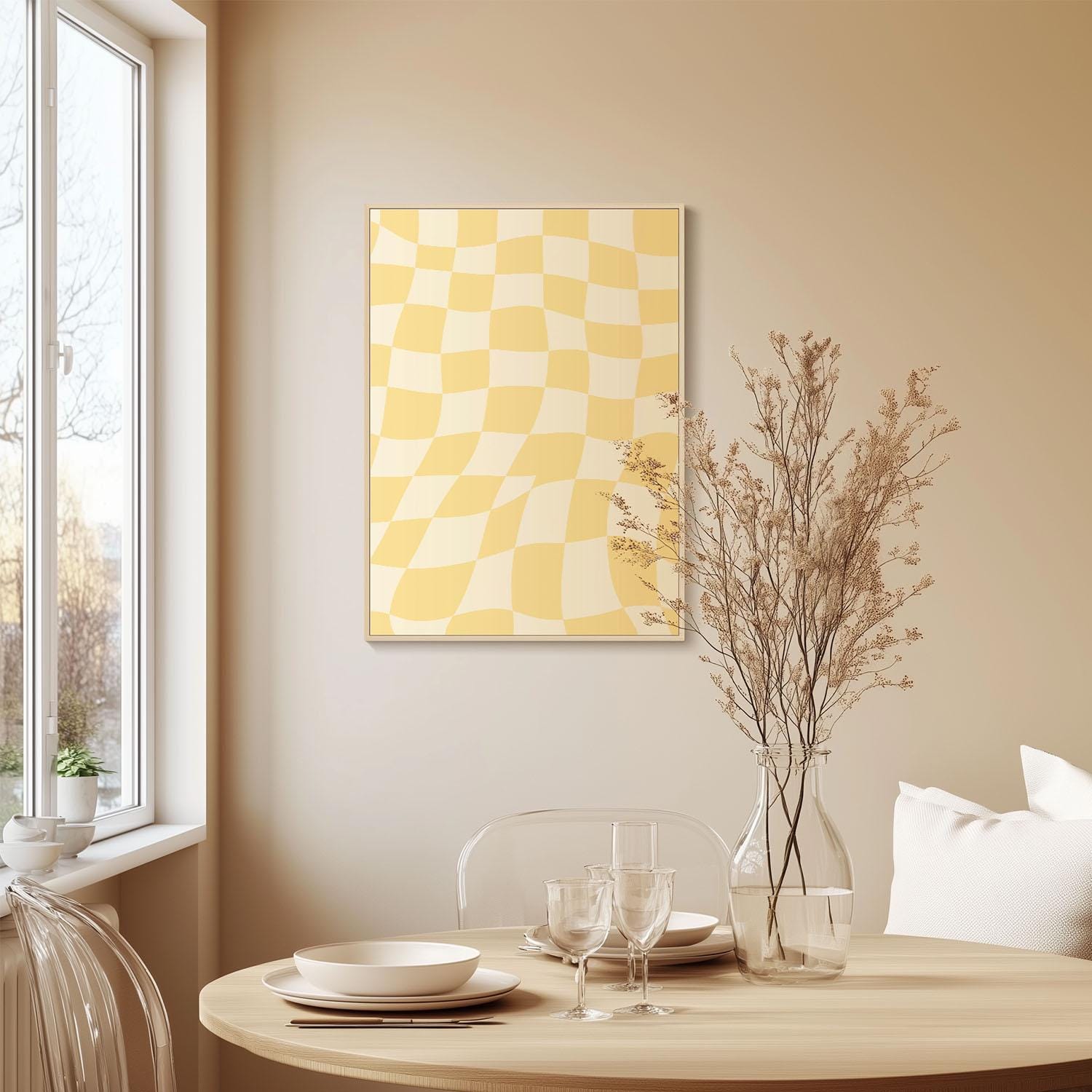Butter Yellow Wavy Checkerboard Wall Art - Retro Aesthetic Digital ...