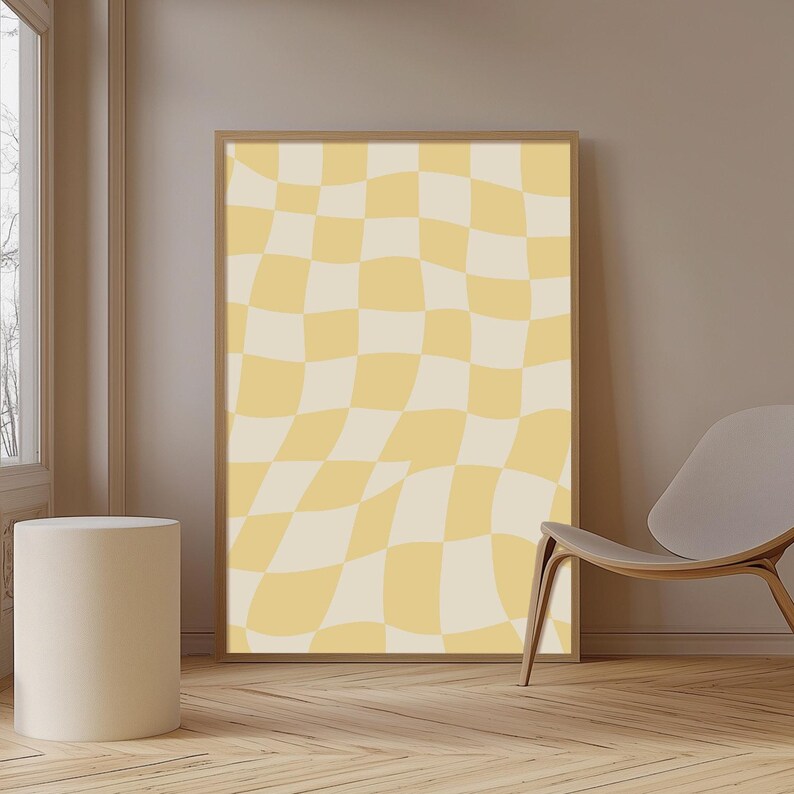 Butter Yellow Wavy Checkerboard Wall Art - Retro Aesthetic Digital ...