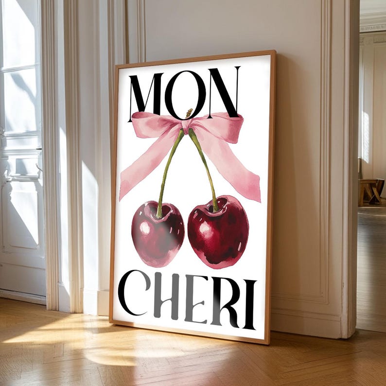 Mon Cheri Cherry Poster - French Aesthetic Wall Art, Vintage Fruit ...