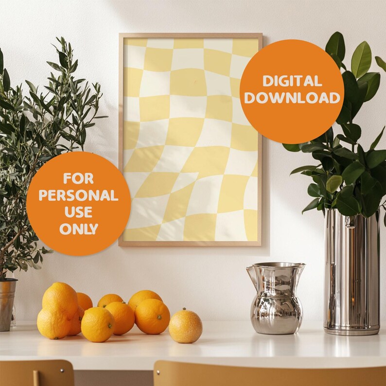 Butter Yellow Wavy Checkerboard Wall Art - Retro Aesthetic Digital ...