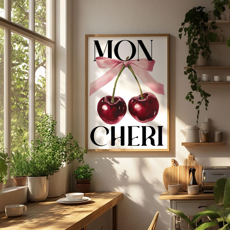 Mon Cheri Cherry Poster - French Aesthetic Wall Art, Vintage Fruit ...