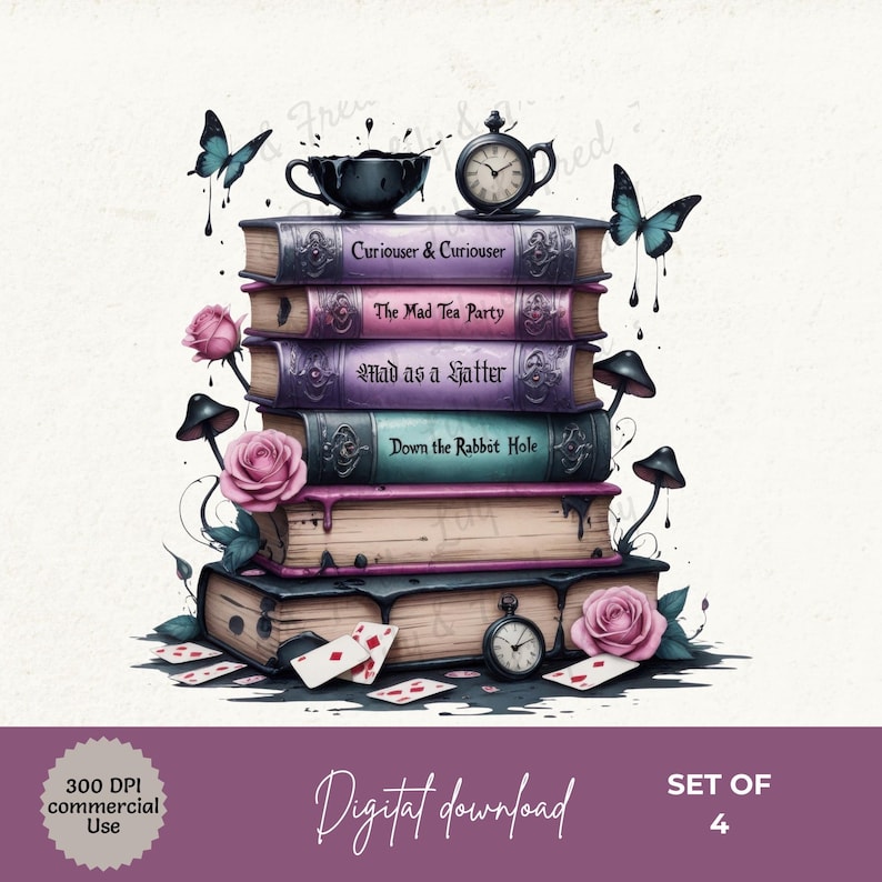 Gothic Alice in Wonderland Clipart: Dark Academia Book Stack (digital ...