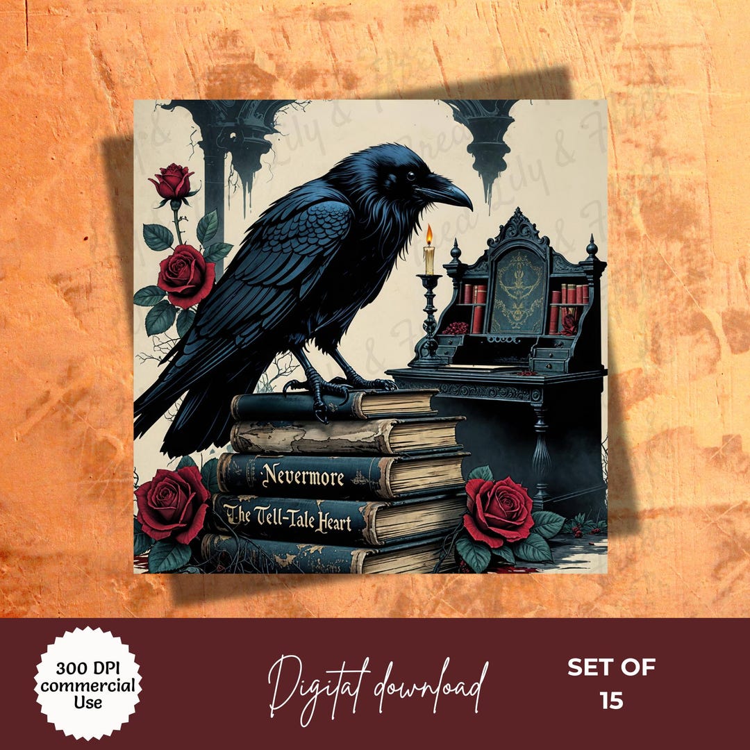 Edgar Allan Poe Digital Paper: Gothic Ravens, Roses, Black Cat (PNG ...