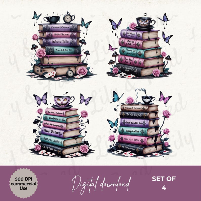 Gothic Alice in Wonderland Clipart: Dark Academia Book Stack (digital ...