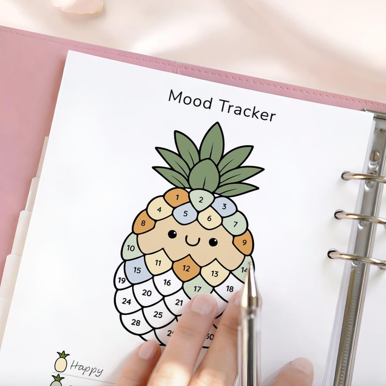 Pineapple Mood Tracker Printable, Monthly Coloring Tracker, Cute Kawaii ...
