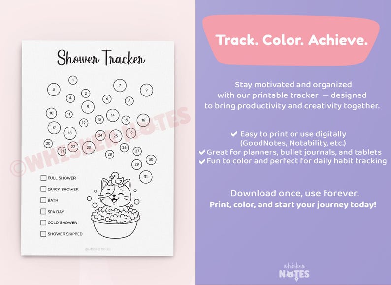 Shower Tracker, Coloring A5 Journal Page Printable, Daily Shower Habit ...