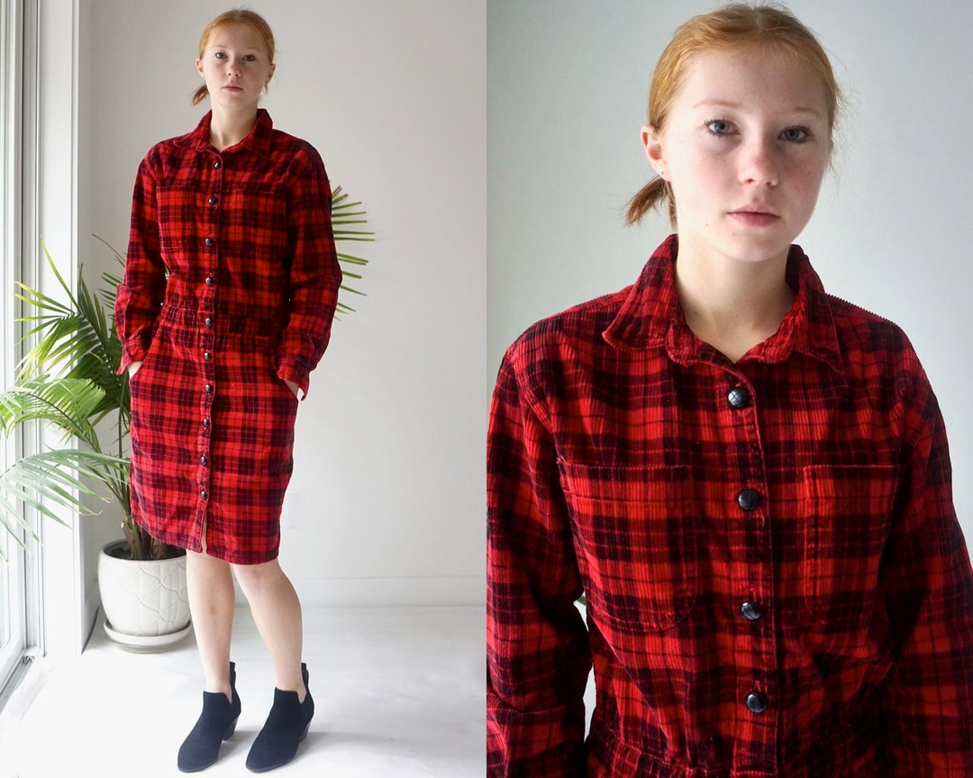 Tartan Plaid CORDUROY Dress . Vintage 80s Button up Shirtdress . Womens ...