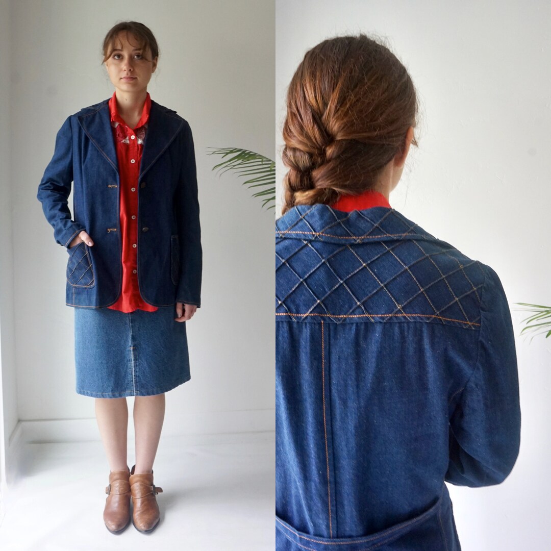 70s Jean Jacket . Vintage 70s DENIM Jacket Blazer . Western Dark Wash ...