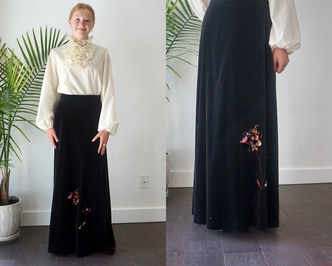 VELVET MAXI Skirt . LONG Velvet Skirt . Vintage 70s Black High Waisted ...