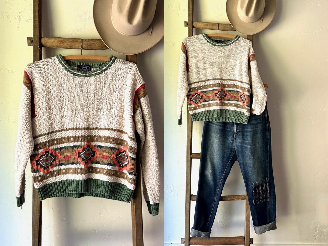 SOUTHWEST Sweater . Vintage 80s Cotton Sweater . Knit Womens Boxy ...