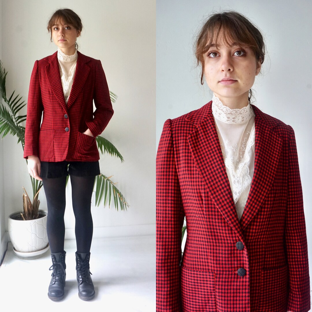 Vintage 70s CHECKED PUNK Blazer . Womens Black and Red Blazer . GINGHAM ...