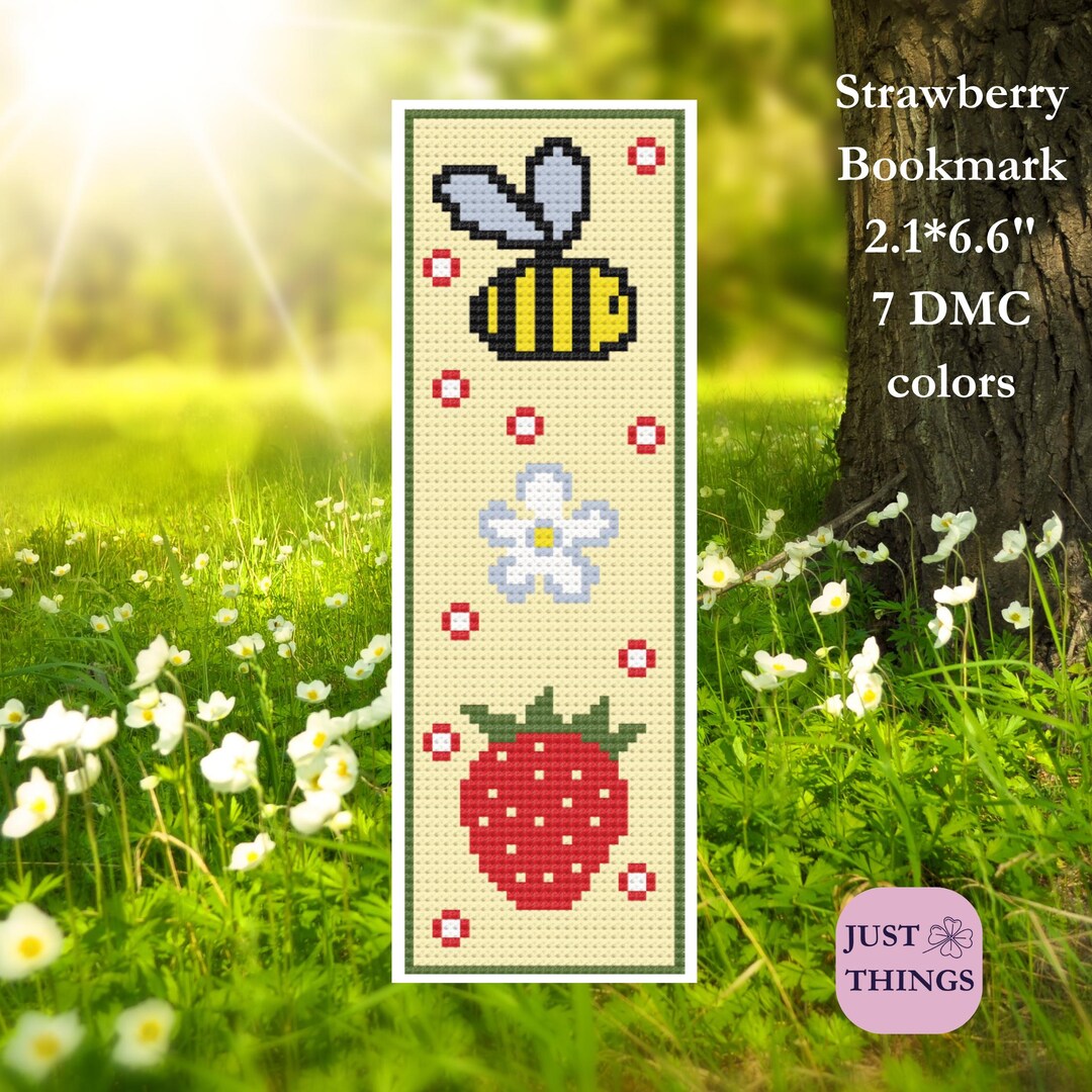 Strawberry Buzz Bookmark – Bee, Flower & Berry Cross Stitch Pattern - Etsy