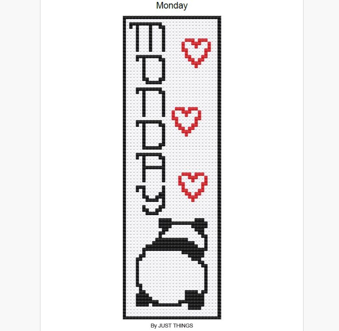 Monday Bookmark, Cross Stitch Pattern, Panda, Monday, Black, White, Red ...