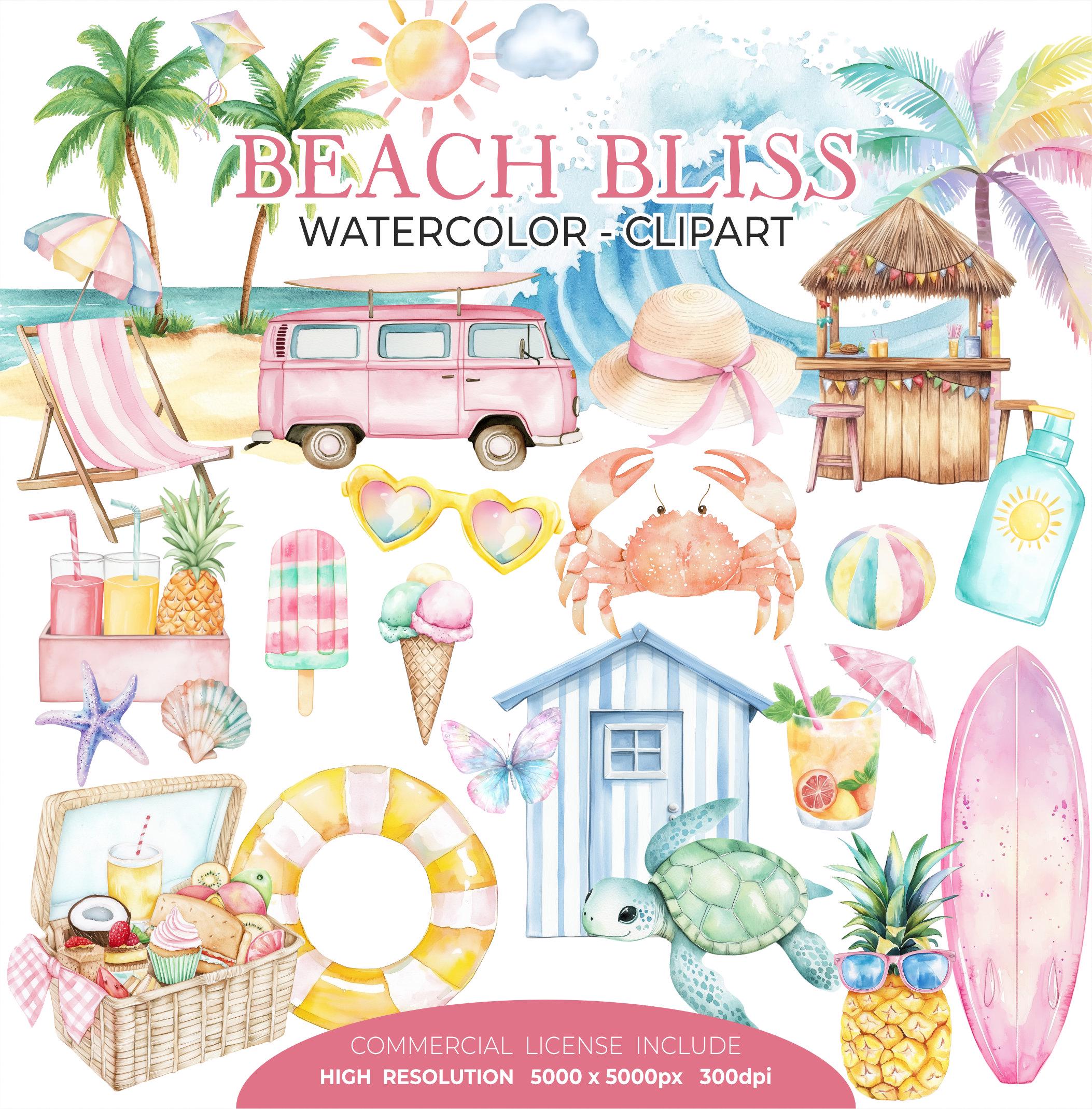 Watercolor Beach Day Clipart, Summer Clipart, Tropical Clipart, Beach ...