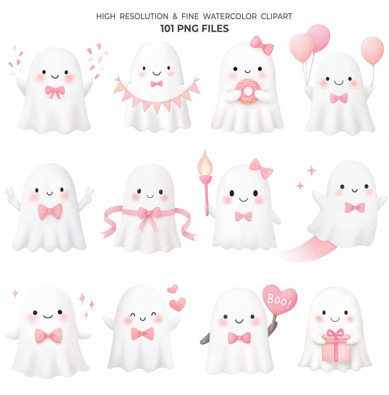 Cute Ghosts Clipart Halloween Party Whimsical Coquette Watercolor Girly ...