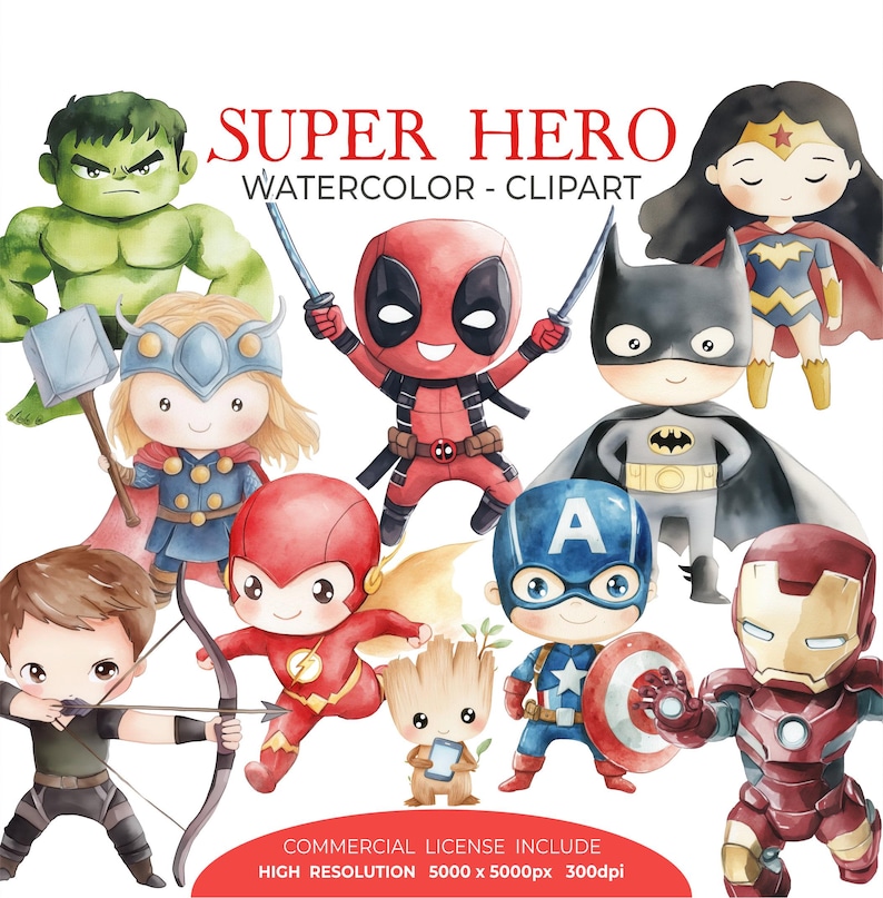 Superhero Clipart Bundle, 34 PNG Files, Cute Superhero Chibi Characters ...