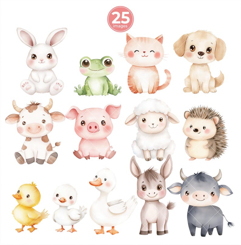 25 Farm Animals Clipart, Cute Farm Animals, Horse, Pig, Cow, Duck, Baby ...