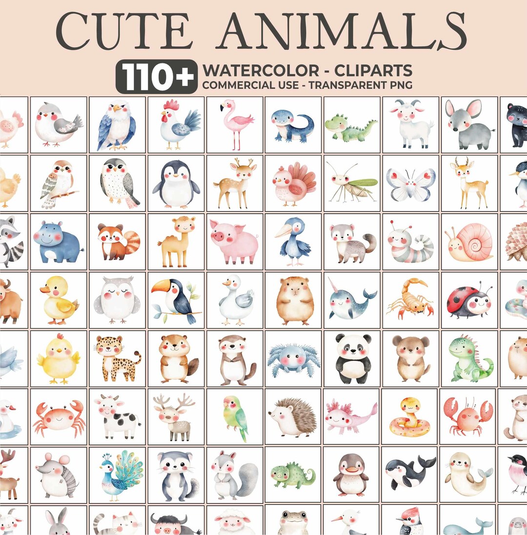Watercolor Cute Animals Clipart 110 Cute Animal PNG Watercolor Animals ...