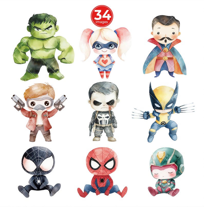 Superhero Clipart Bundle, 34 PNG Files, Cute Superhero Chibi Characters ...