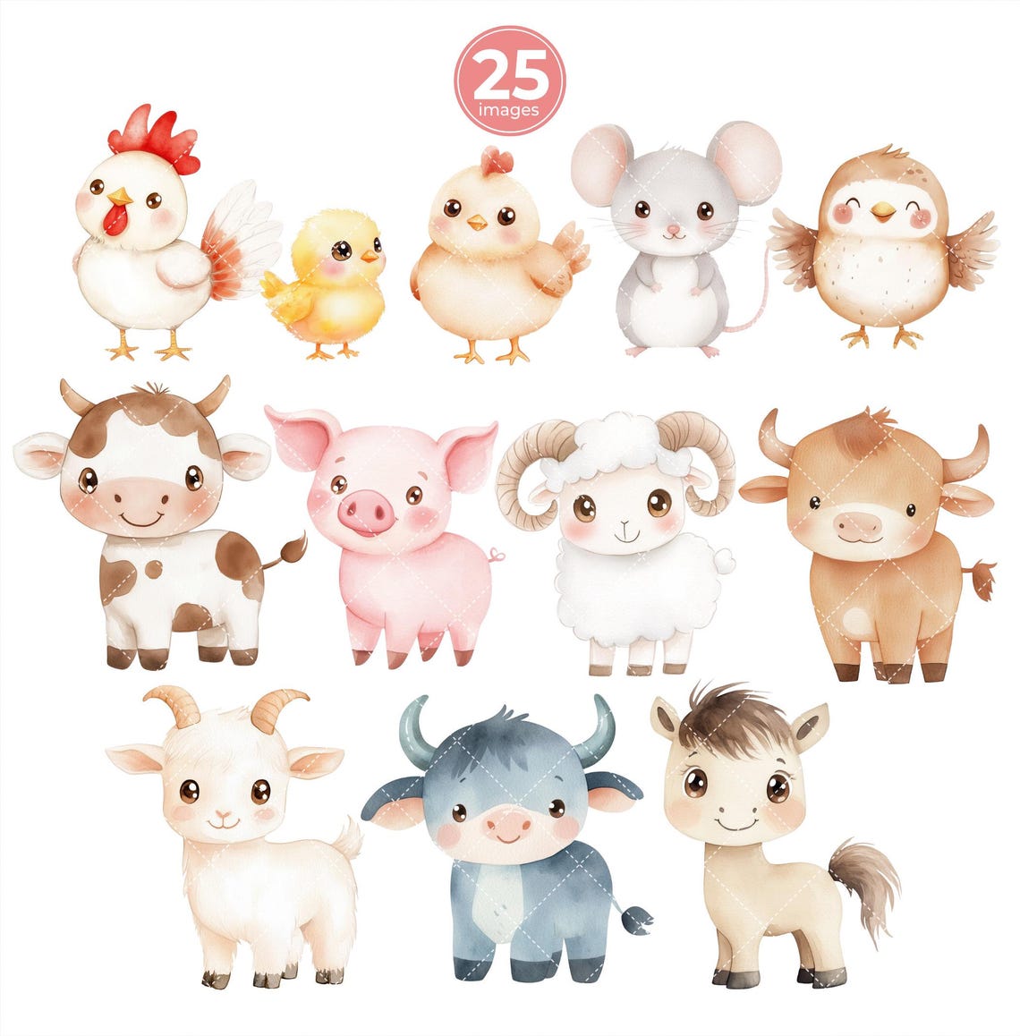 25 Farm Animals Clipart, Cute Farm Animals, Horse, Pig, Cow, Duck, Baby ...