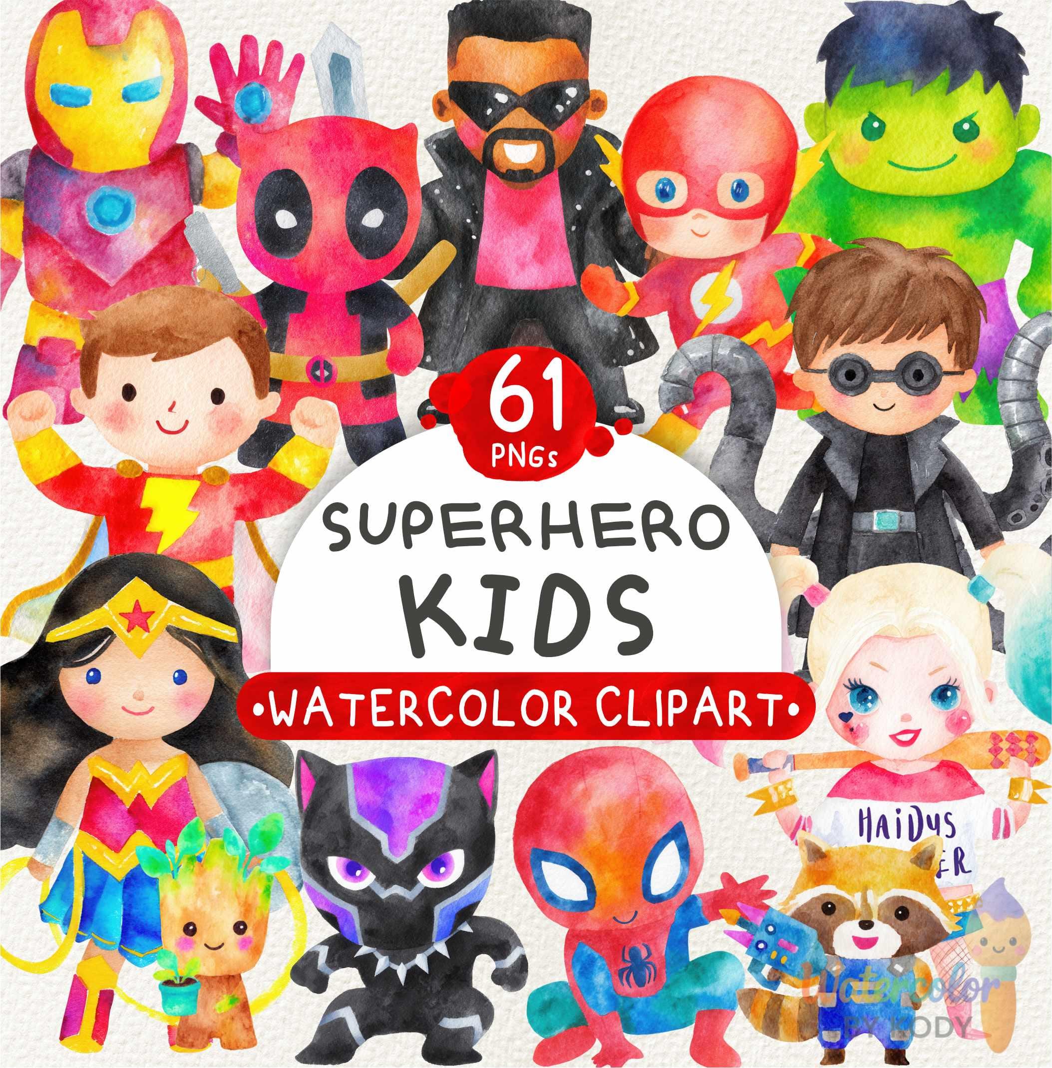 Superhero Kids Clipart Bundle, Superheroes PNG, Watercolor Hero, Galaxy ...