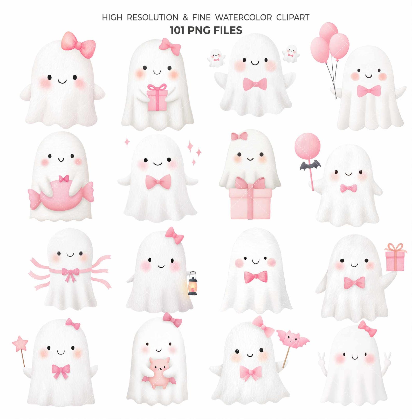 Cute Ghosts Clipart Halloween Party Whimsical Coquette Watercolor Girly ...