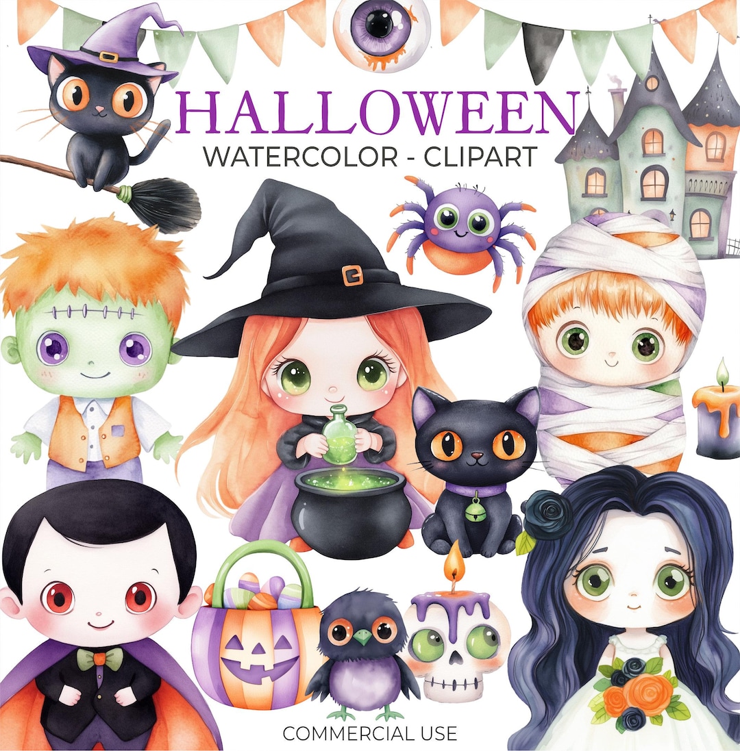 Pastel Halloween Cute Clipart Watercolor Halloween Cute Clipart Bundle ...