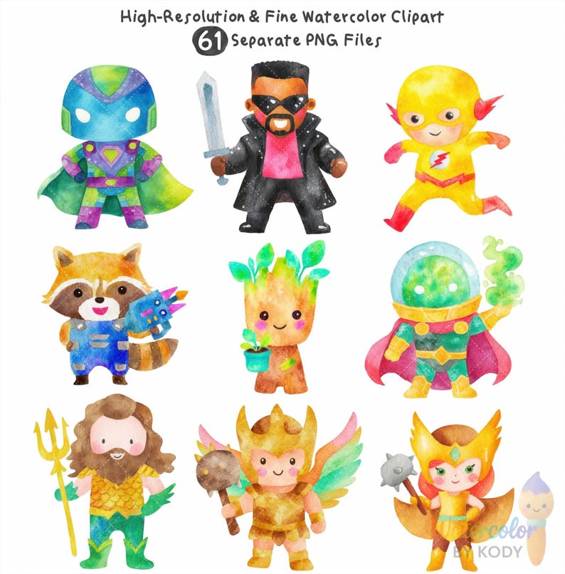 Superhero Kids Clipart Bundle, Superheroes PNG, Watercolor Hero, Galaxy ...