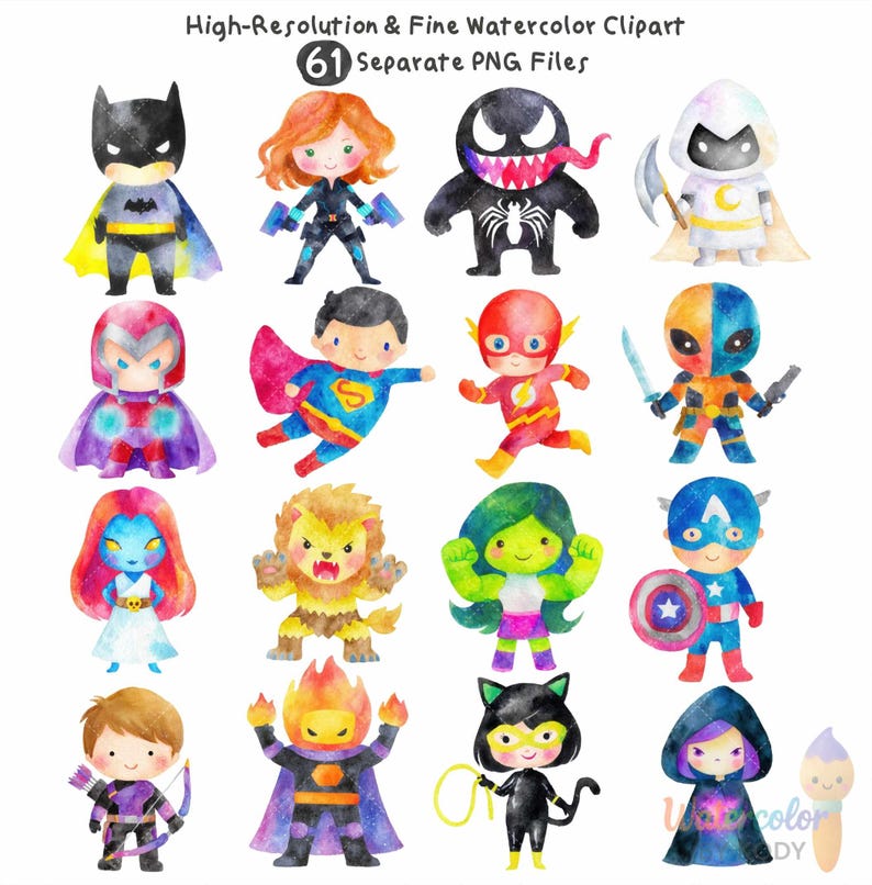 Superhero Kids Clipart Bundle, Superheroes PNG, Watercolor Hero, Galaxy ...