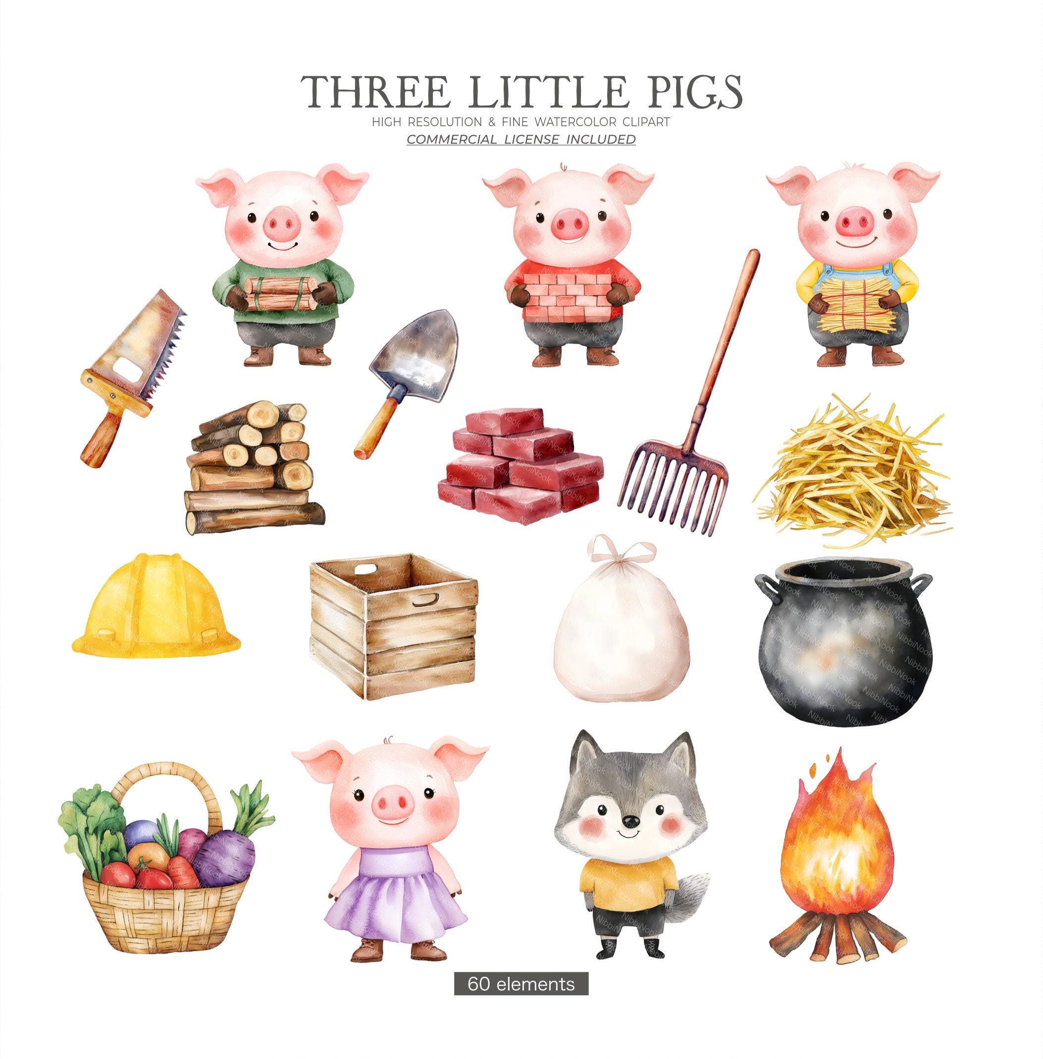 Three Little Pigs Clipart Watercolor Clipart, 3 Little Pigs, Nursery ...