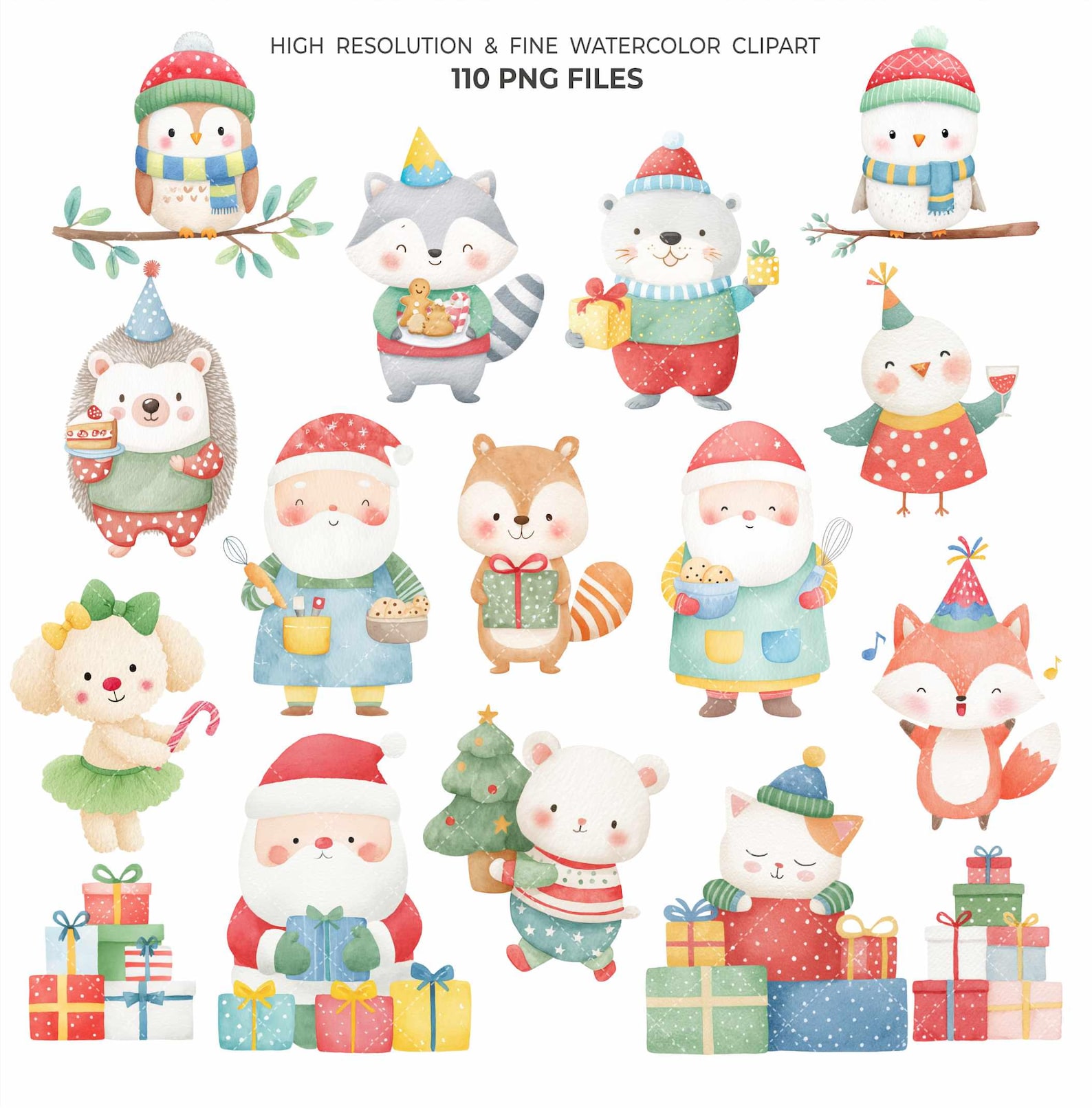 Christmas Animals Watercolor Clipart Bundle - 110 PNG Festive Animal ...