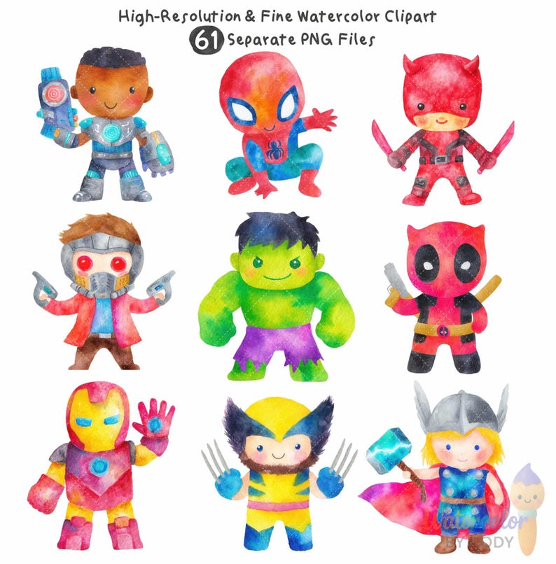 Superhero Kids Clipart Bundle, Superheroes PNG, Watercolor Hero, Galaxy ...