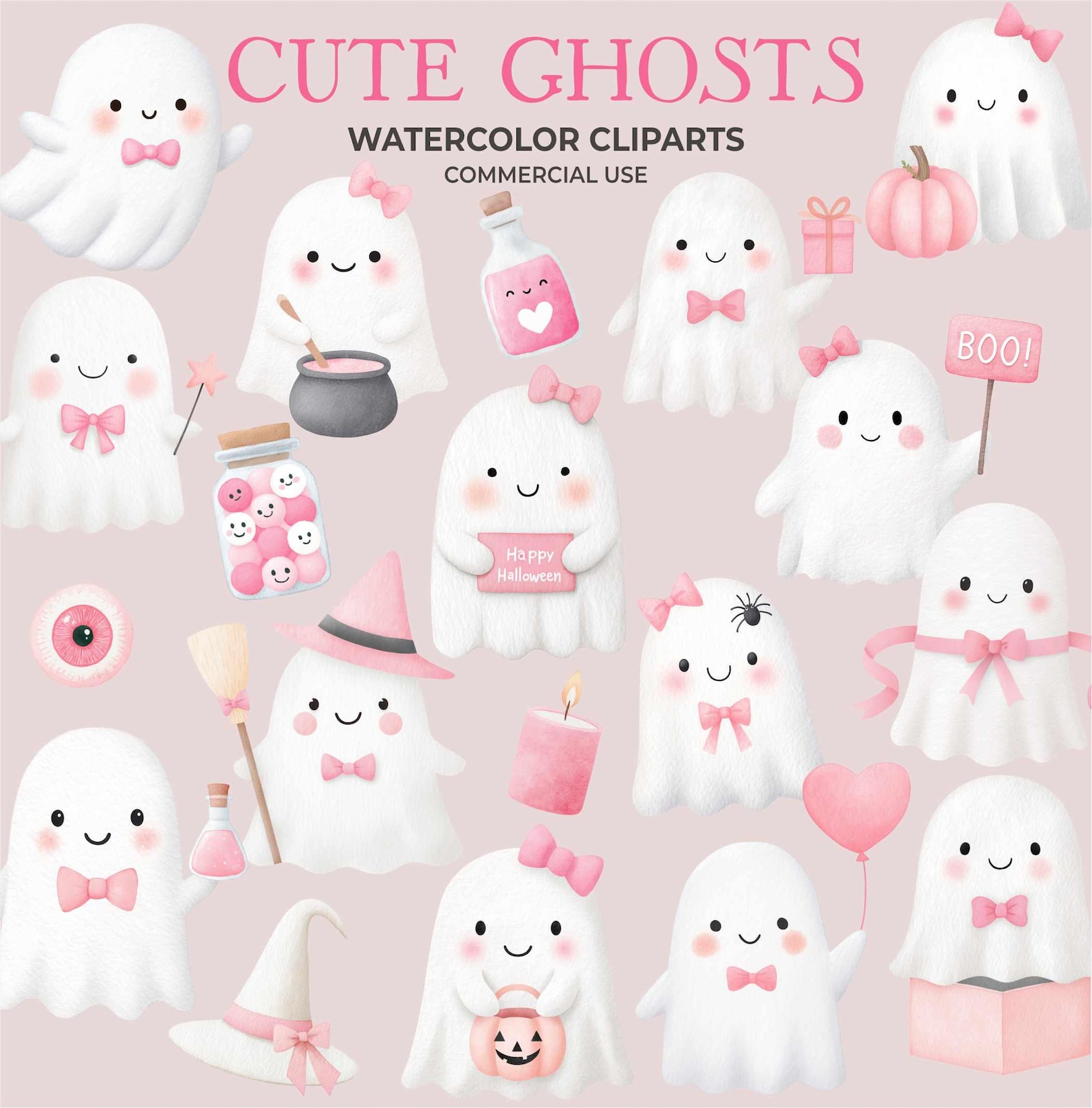 Cute Ghosts Clipart Halloween Party Whimsical Coquette Watercolor Girly ...